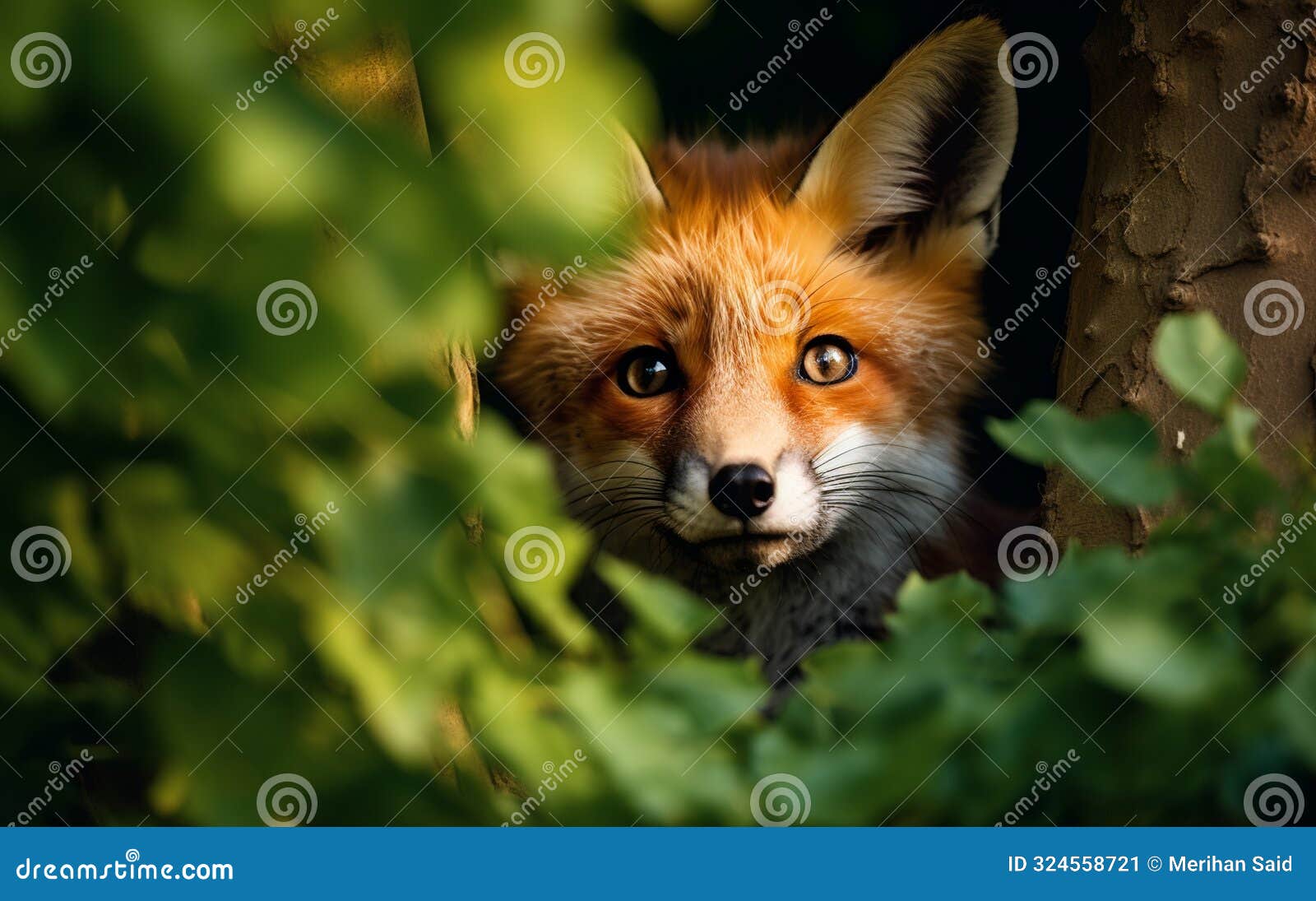 Curious Fox Peeking Out from Behind a Tree, AI Generative Stock Image ...
