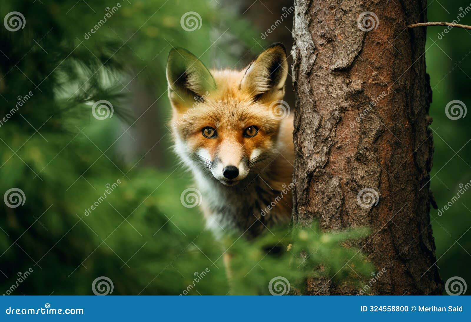 Curious Fox Peeking Out from Behind a Tree, AI Generative Stock Photo ...