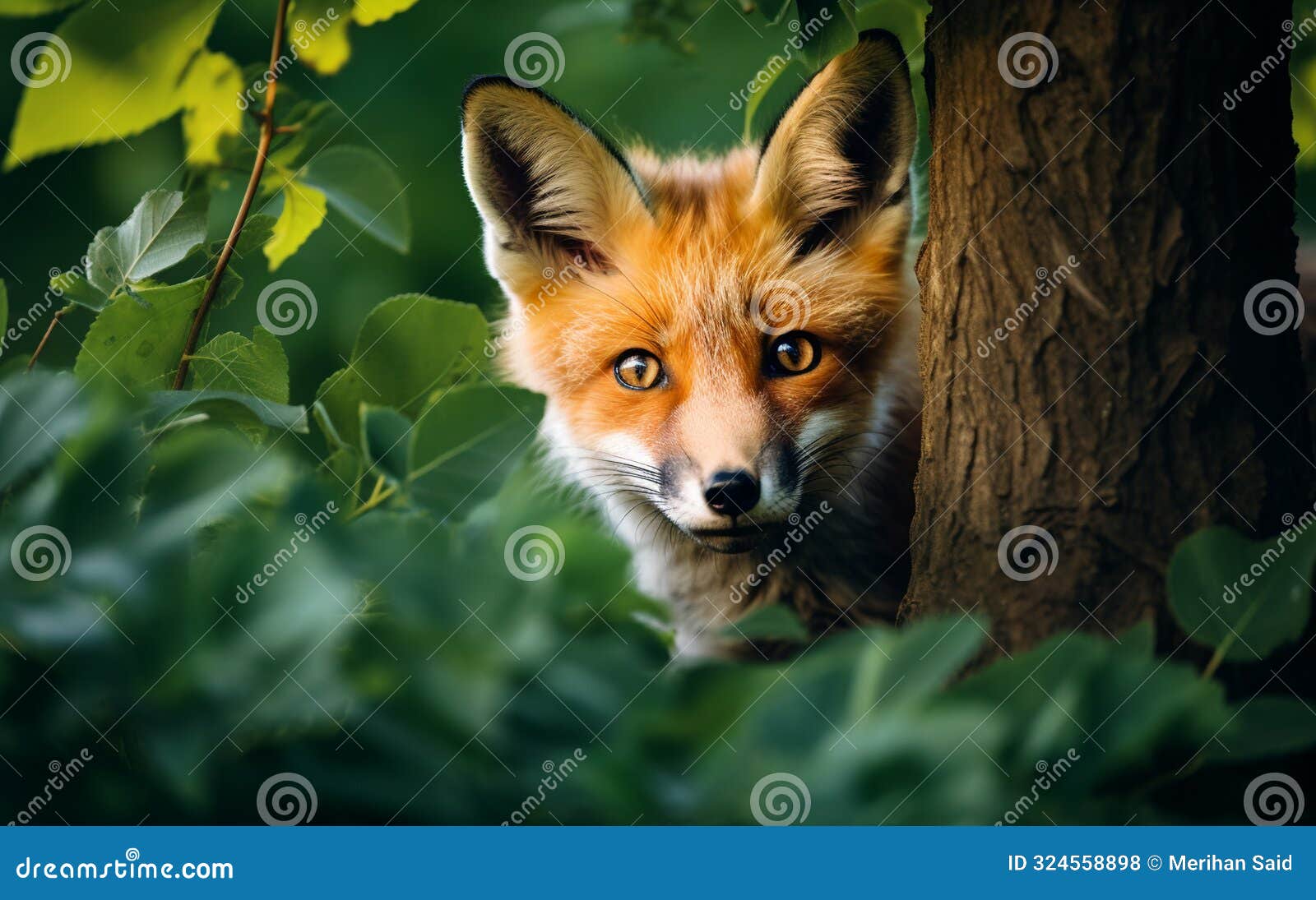 Curious Fox Peeking Out from Behind a Tree, AI Generative. Stock Photo ...