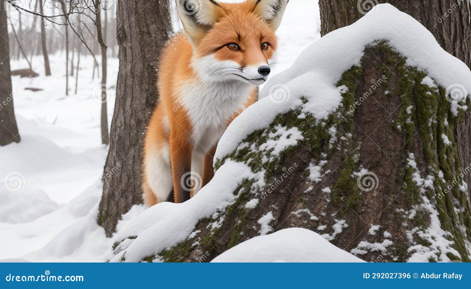 Curious Fox Peering Out from Behind a Tree in a Snowy Forest. Stock ...