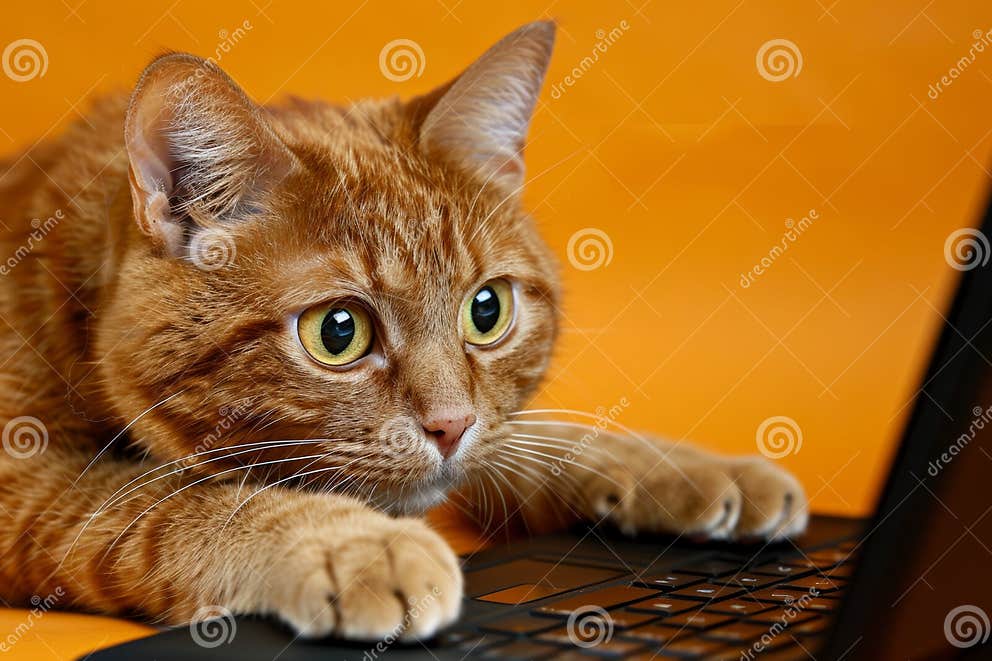 Curious Ginger Cat Watches Laptop Screen. Pet Using Computer Keyboard ...