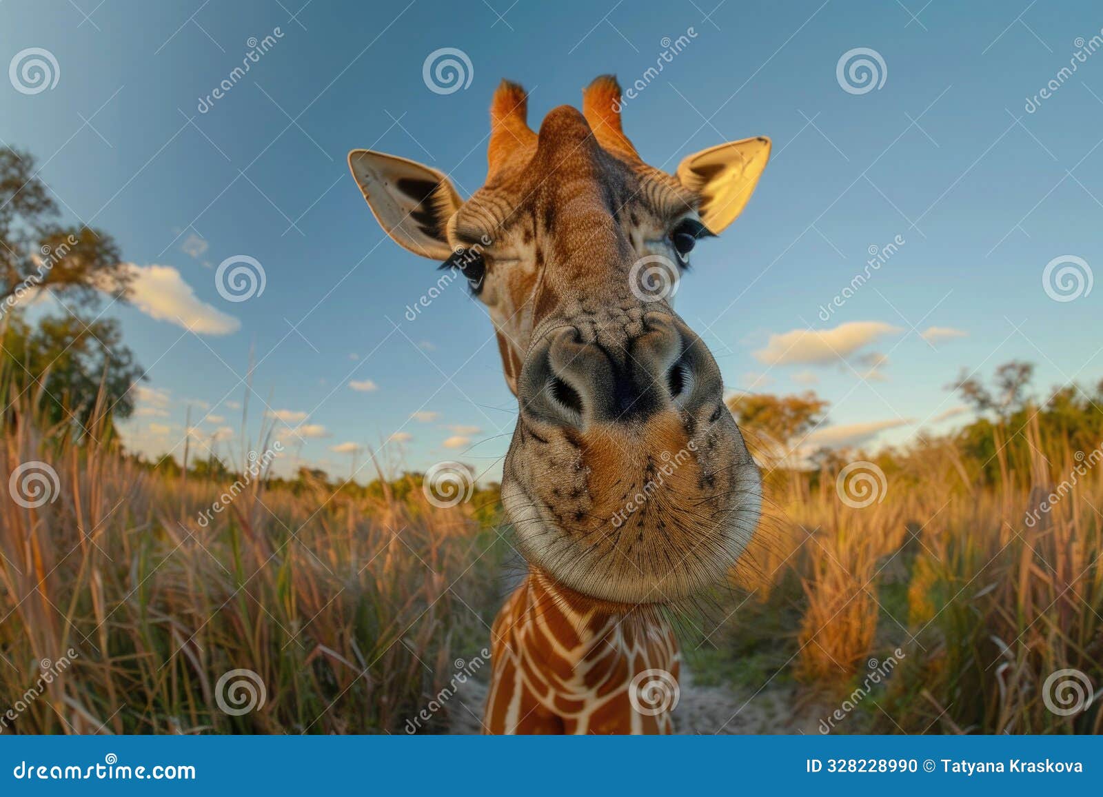 A Curious Giraffe Leans Down To Look at the Camera. Stock Photo - Image ...