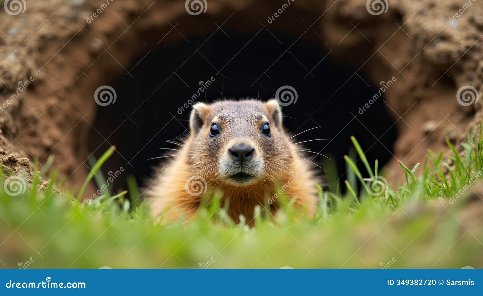 Curious Groundhog In Burrow With Green Grass Foreground.Groundhog Day ...