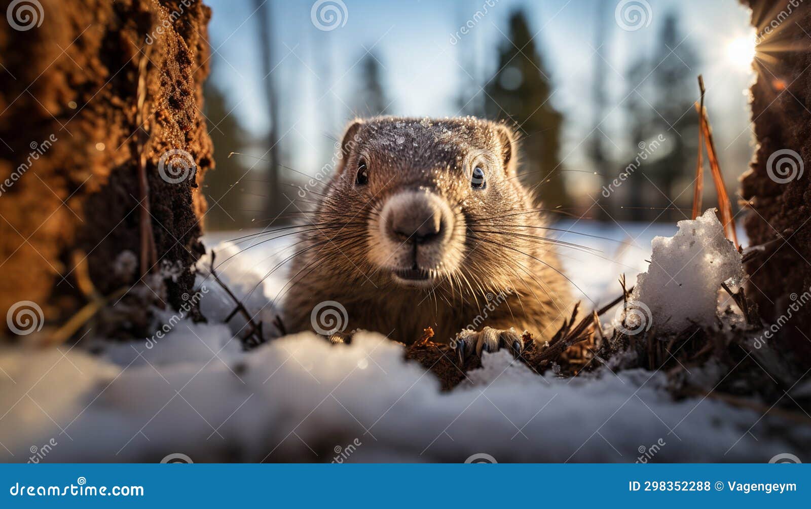 Curious Groundhog Peeking from Snowy Burrow in the Morning Light Stock ...