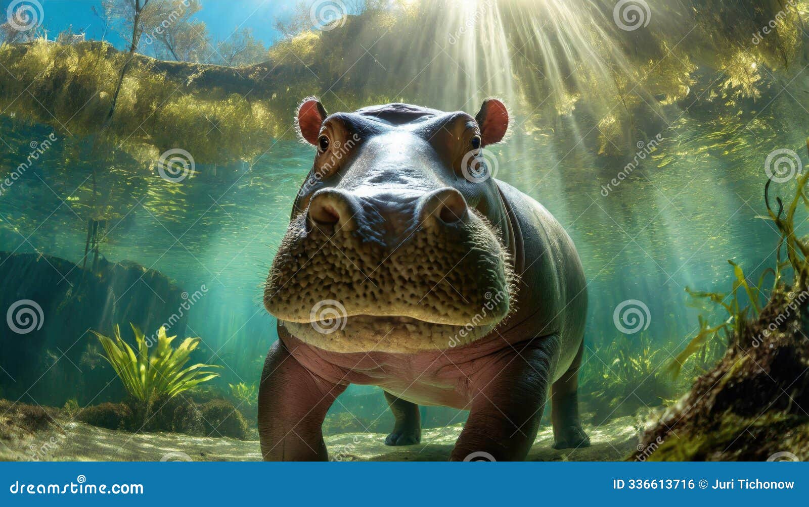 A Curious Hippo Underwater, Looking Directly at the Camera with ...