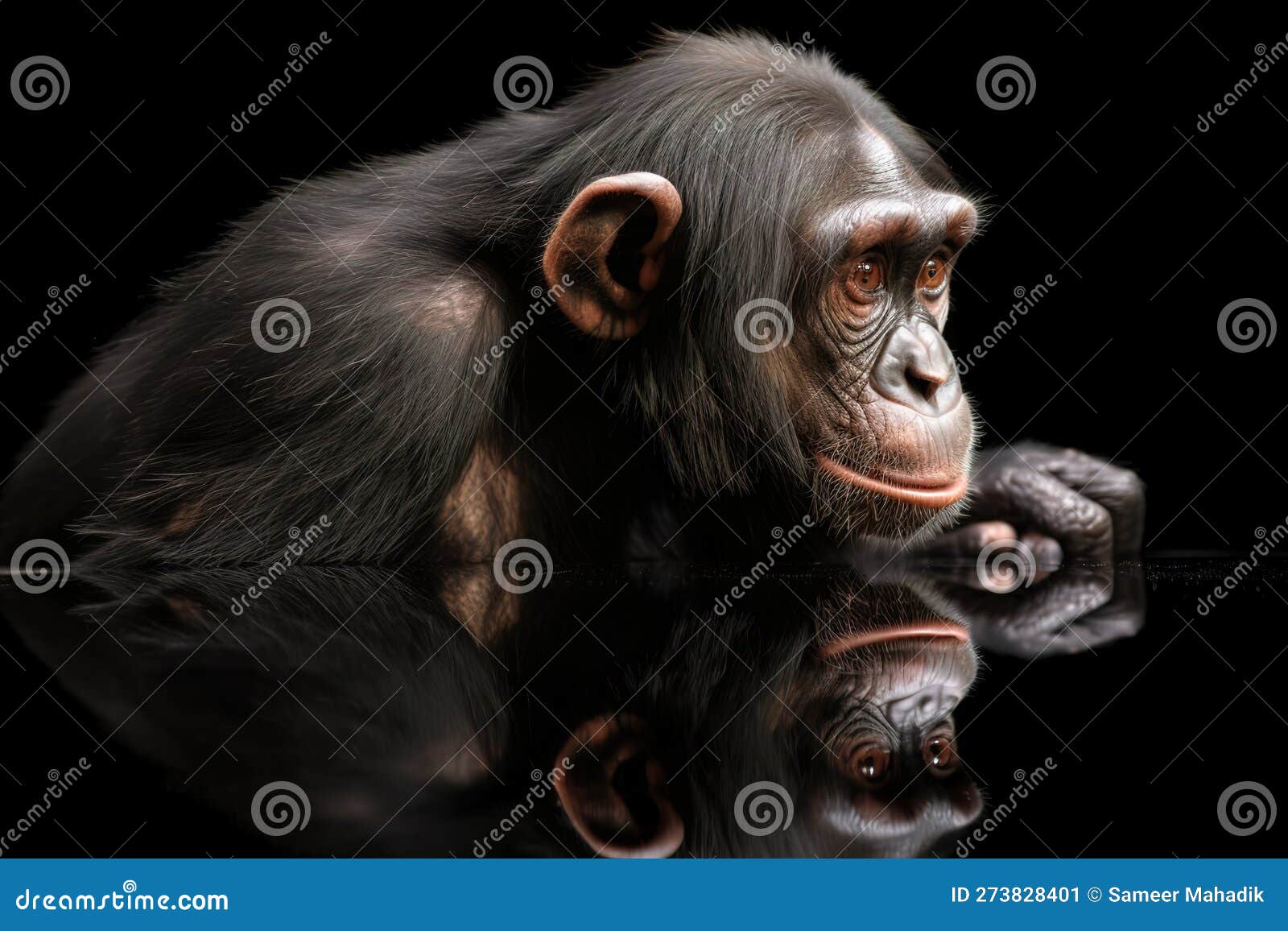 A Curious and Intelligent Chimpanzee Looking at Its Reflection, Showing ...