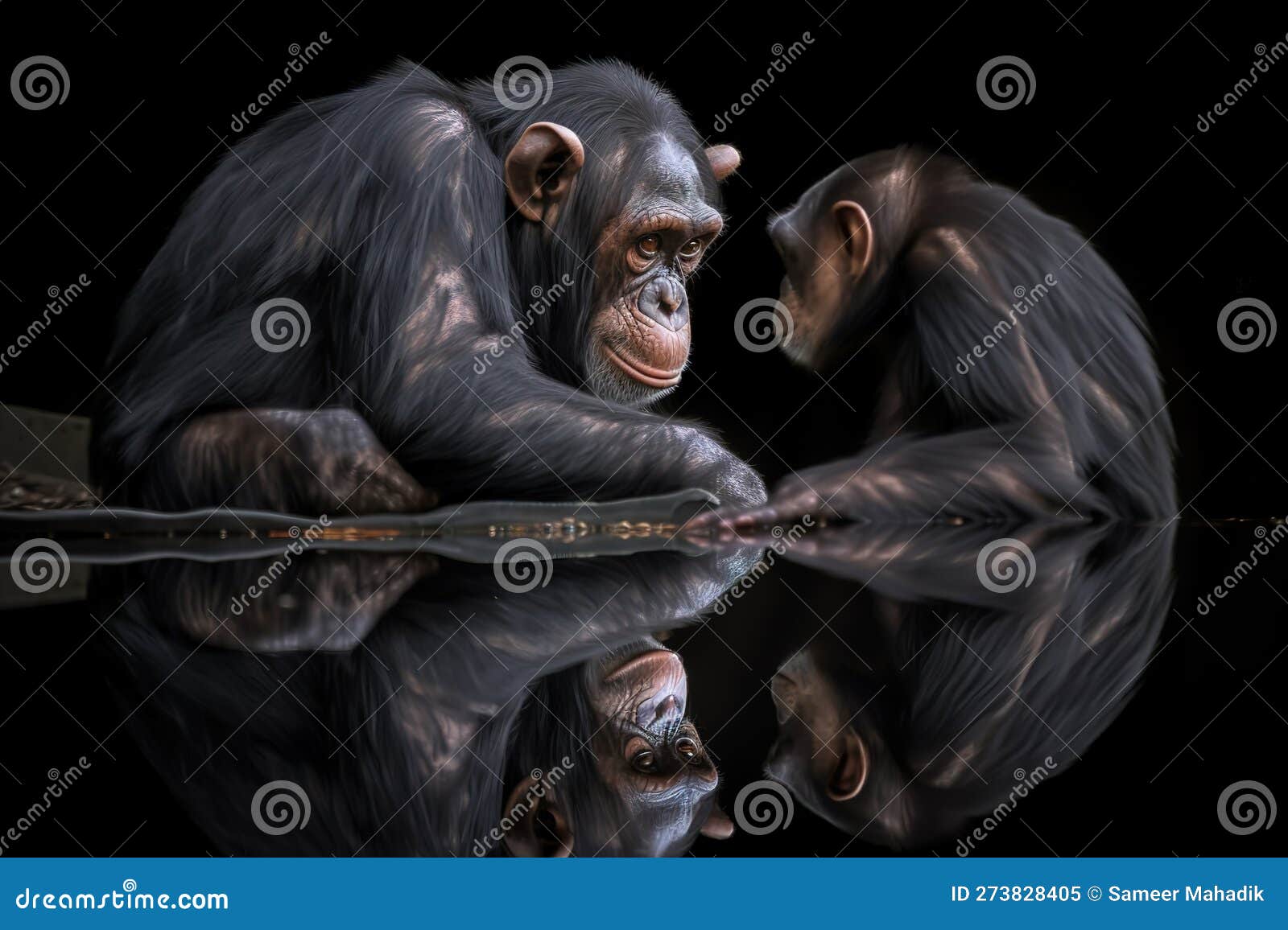A Curious and Intelligent Chimpanzee Looking at Its Reflection, Showing ...