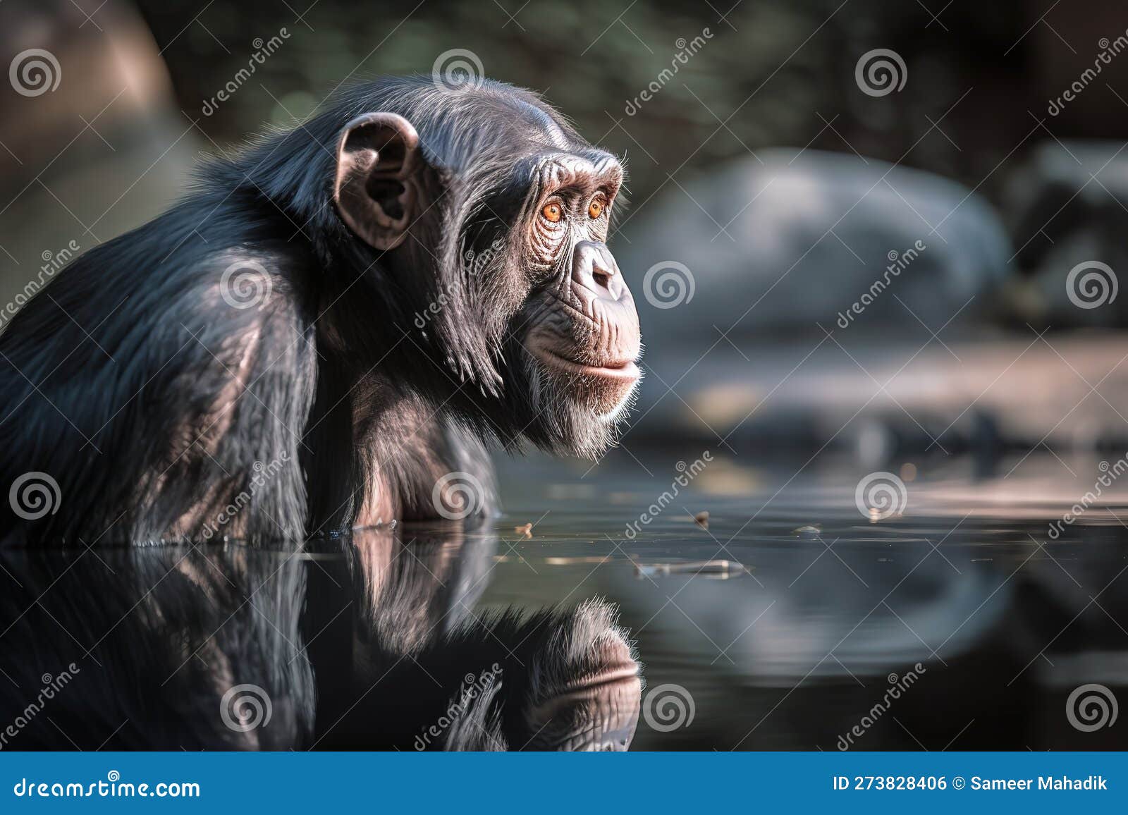 A Curious and Intelligent Chimpanzee Looking at Its Reflection, Showing ...