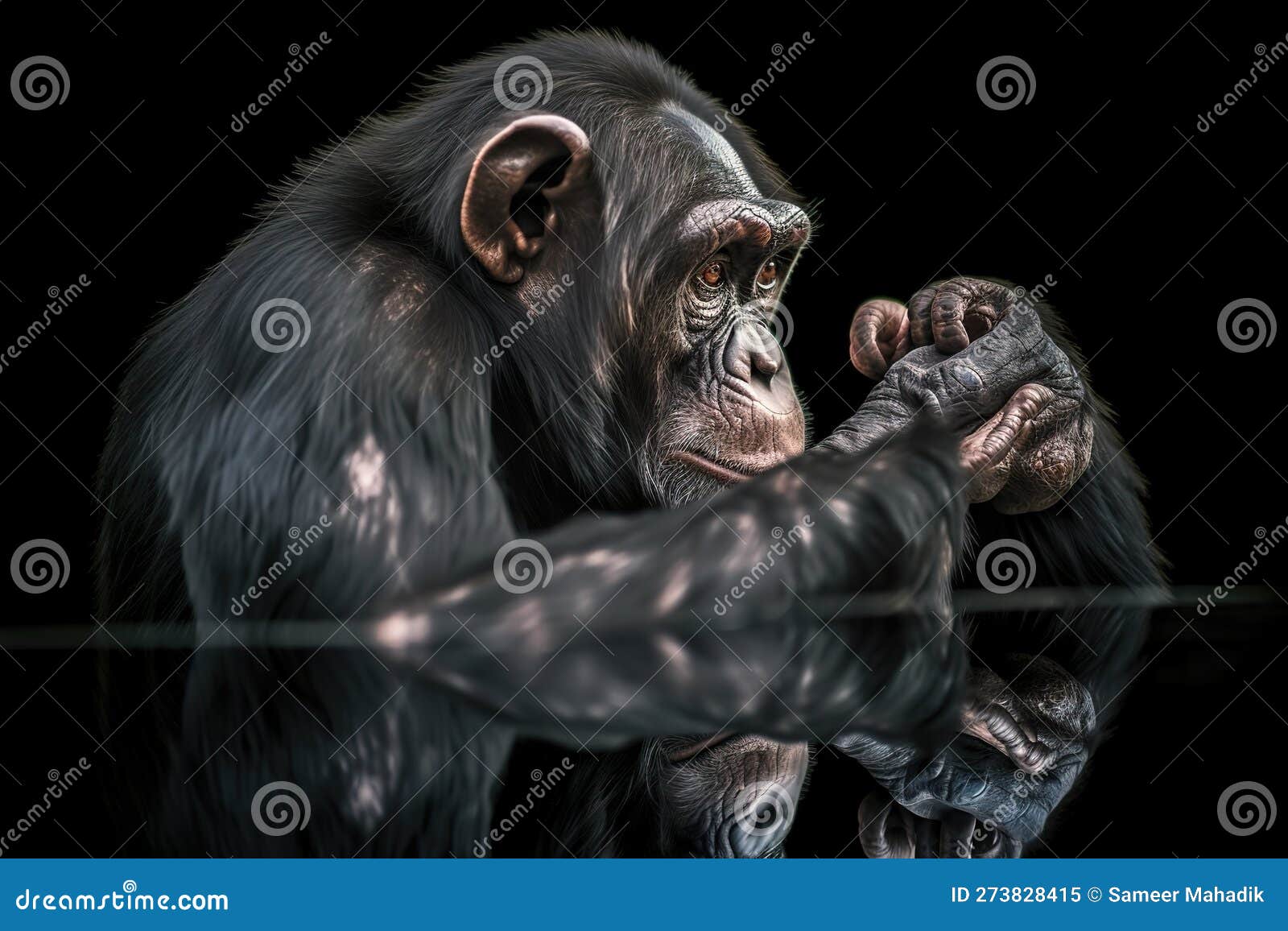 A Curious and Intelligent Chimpanzee Looking at Its Reflection, Showing ...