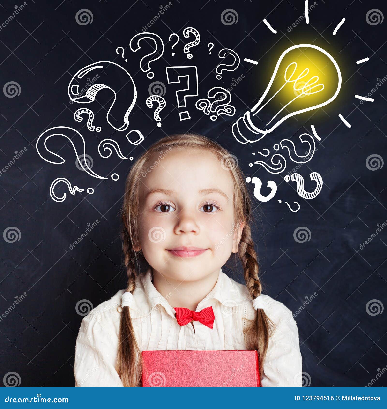 Curious Kid Of School Age With Lightbulb And Chalk Question Mark Stock ...