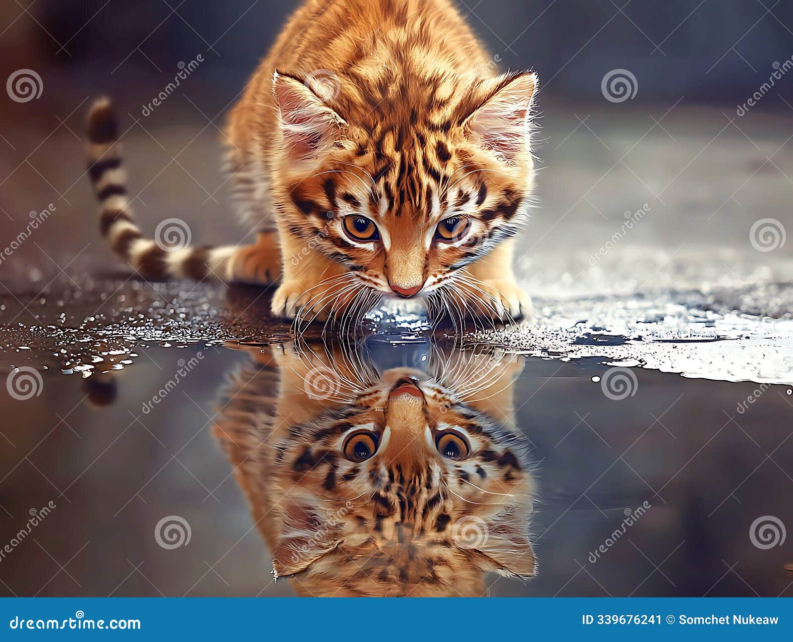 A Curious Kitten Looks at Its Reflection in a Puddle Stock Illustration ...