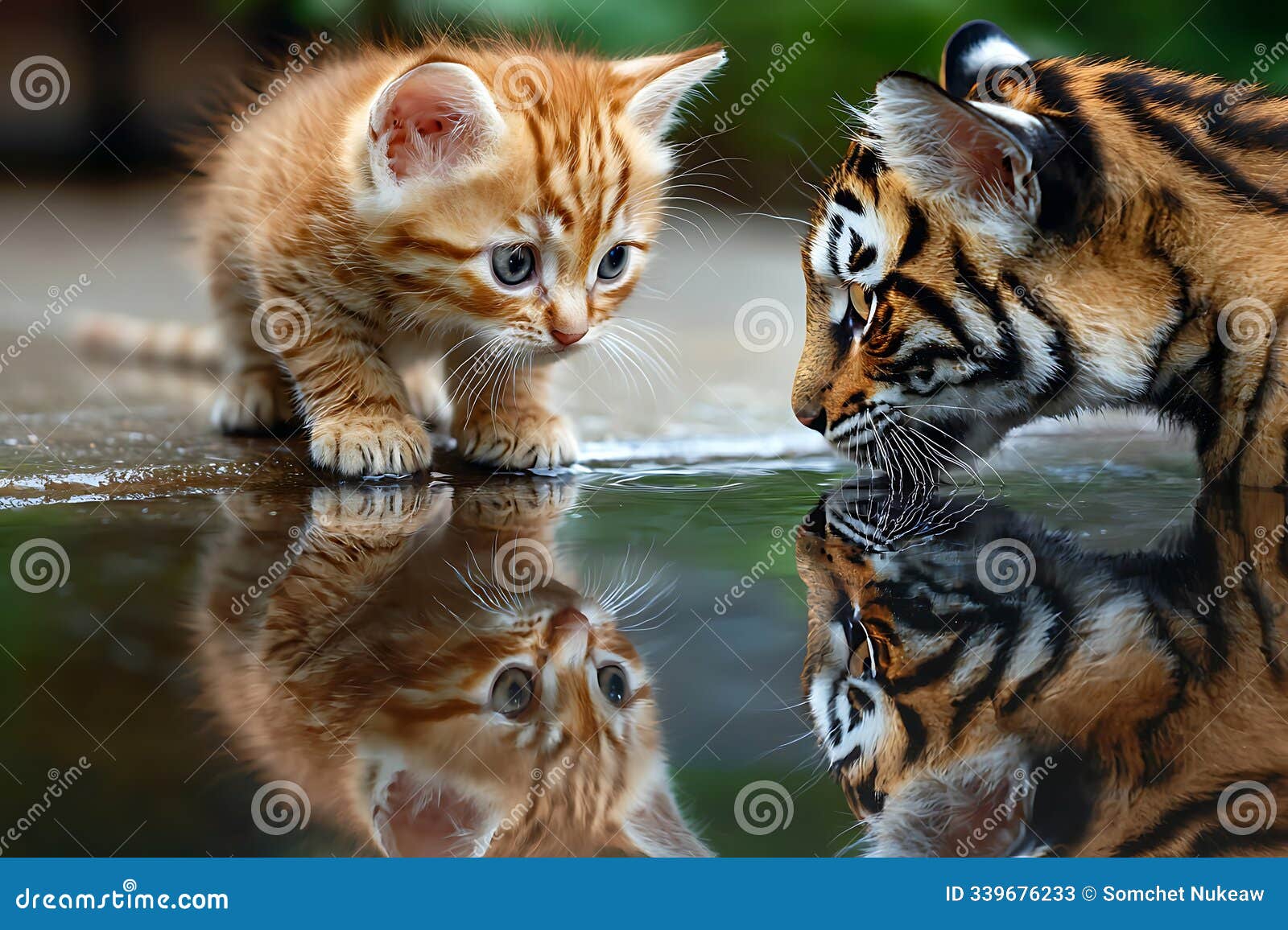 A Curious Kitten Looks at Its Reflection in a Puddle beside a Tiger ...