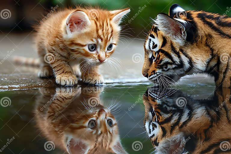 A Curious Kitten Looks at Its Reflection in a Puddle beside a Tiger ...