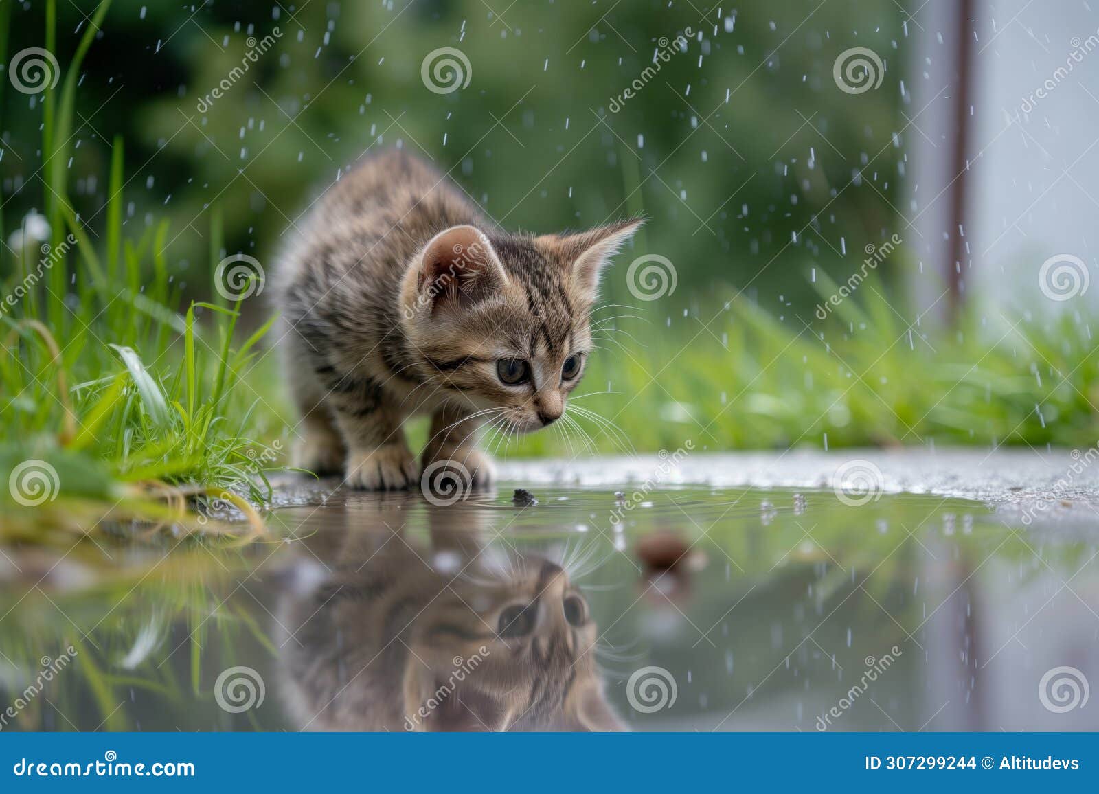 Curious Kitten, Peering at a Puddle Forming in the Yard, Rain Falling ...