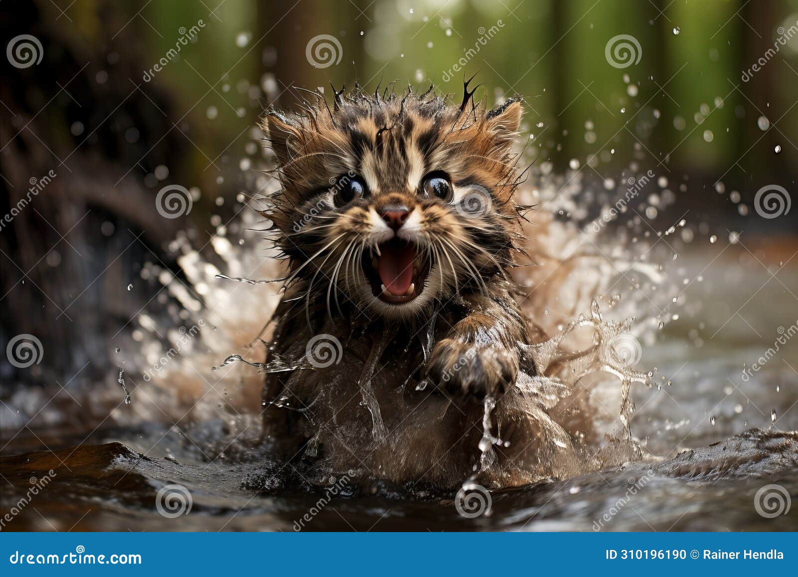 Curious Kitten in a Running Stream Surrounded by a Dark Forest ...