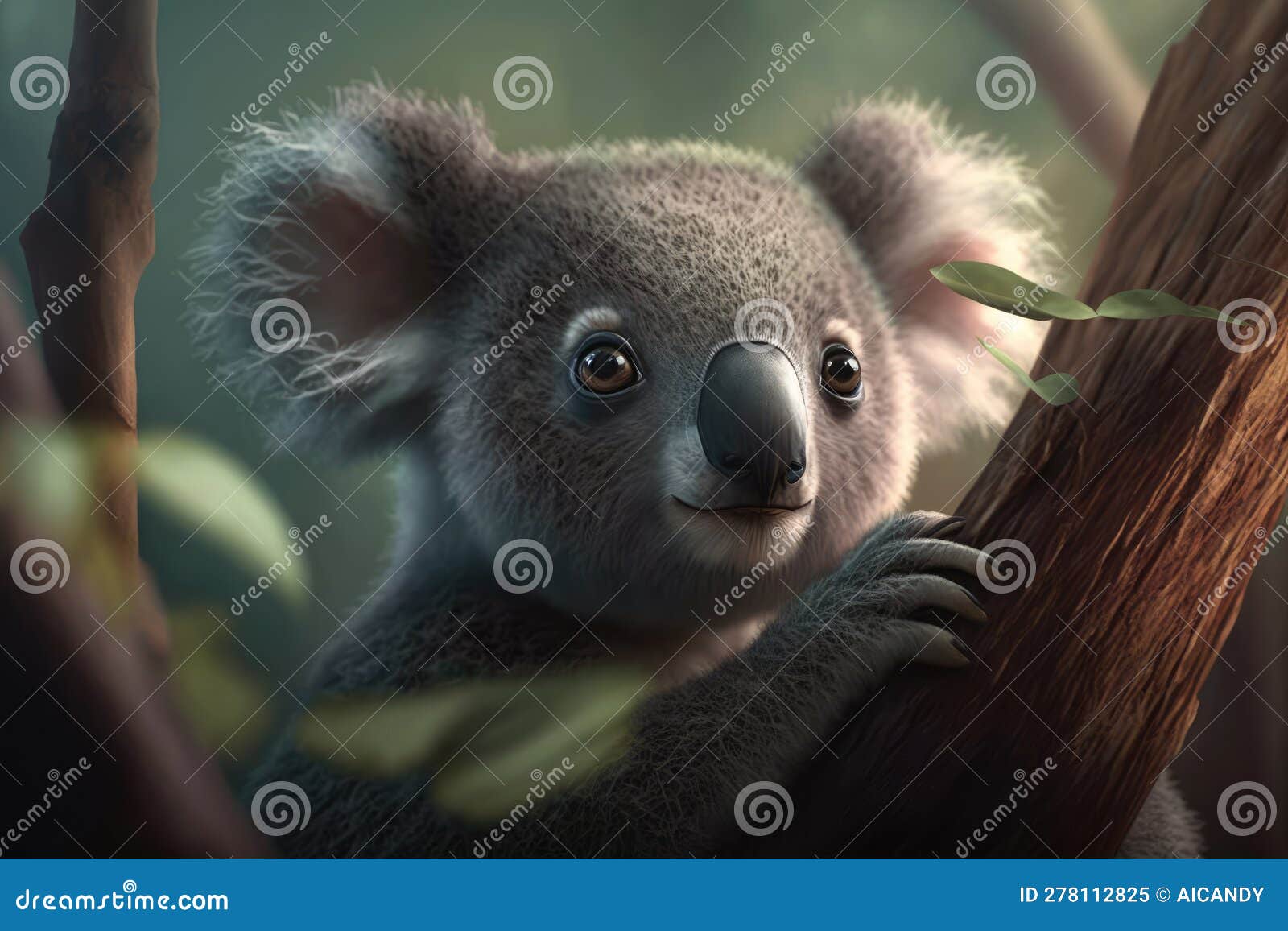Curious Koala Bear Peeking Out from Behind a Tree Branch with Its Big ...