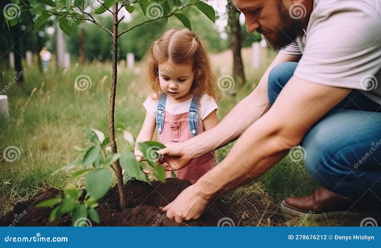 Curious Little Girl Helping Her Father in the Garden. Creating Using ...
