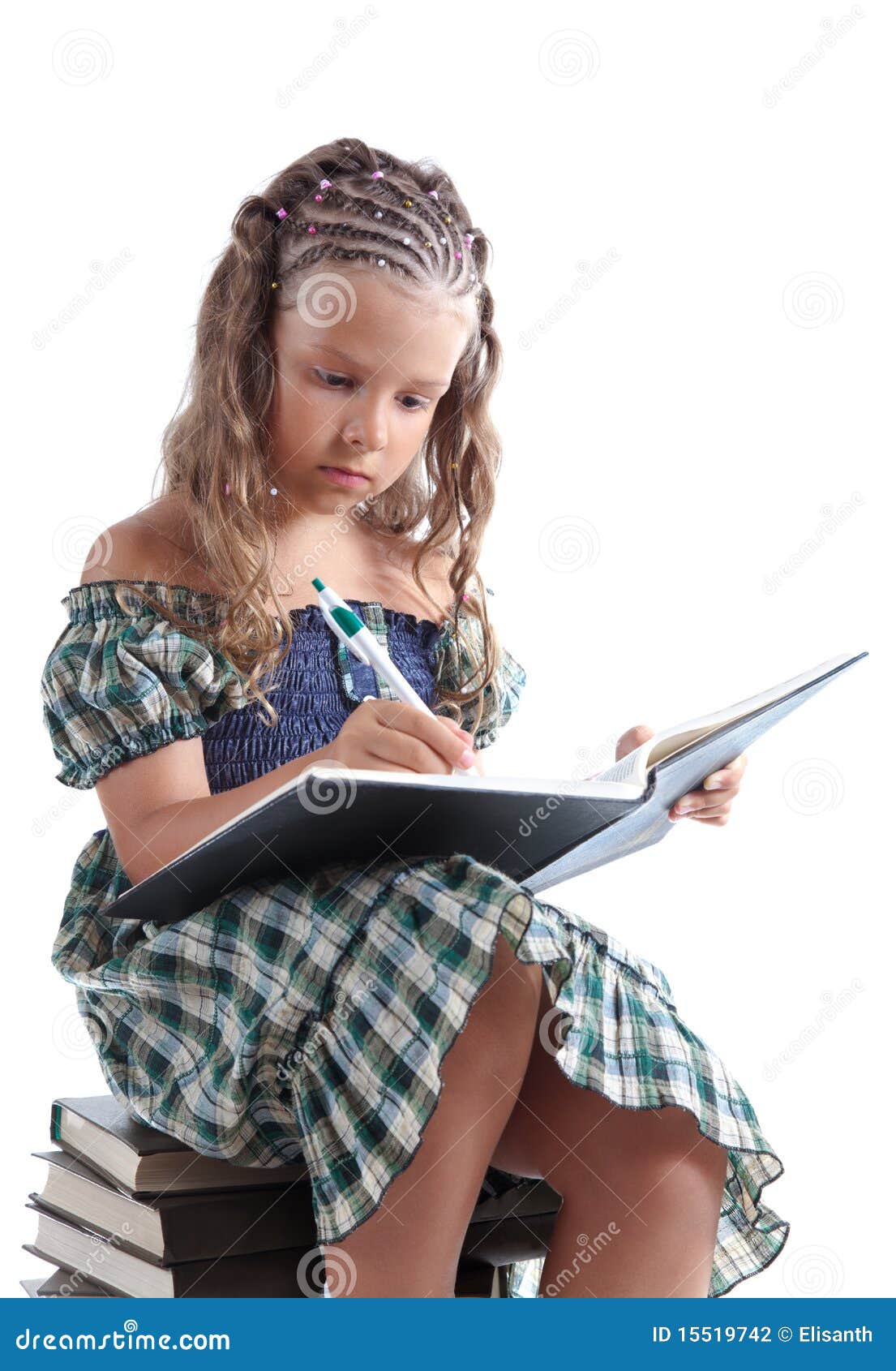 Curious Little Girl Writing in Notebook Stock Photo - Image of pigtails ...