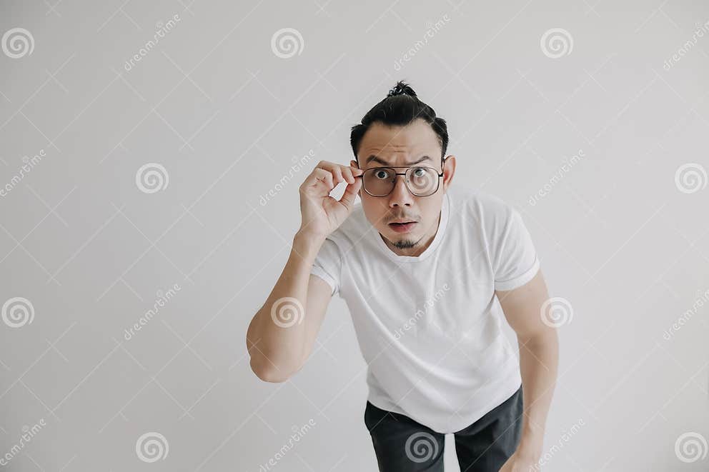 Curious Looking Man Stare at Something Isolate on White Stock Image ...