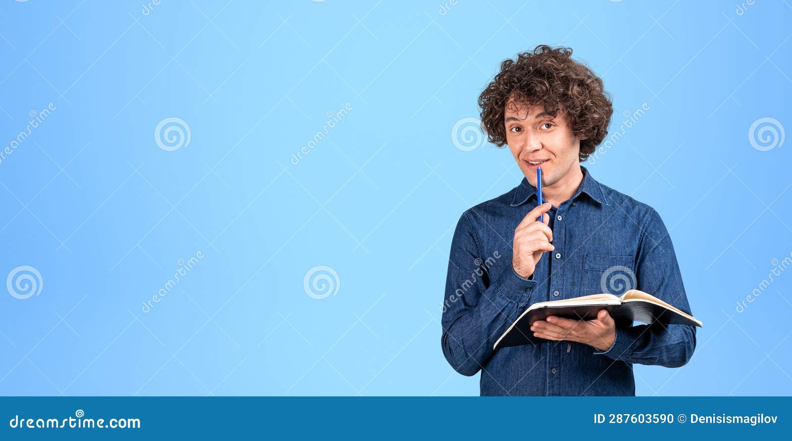 Curious Man with Notebook in Hand, Copy Space Empty Blue Background ...