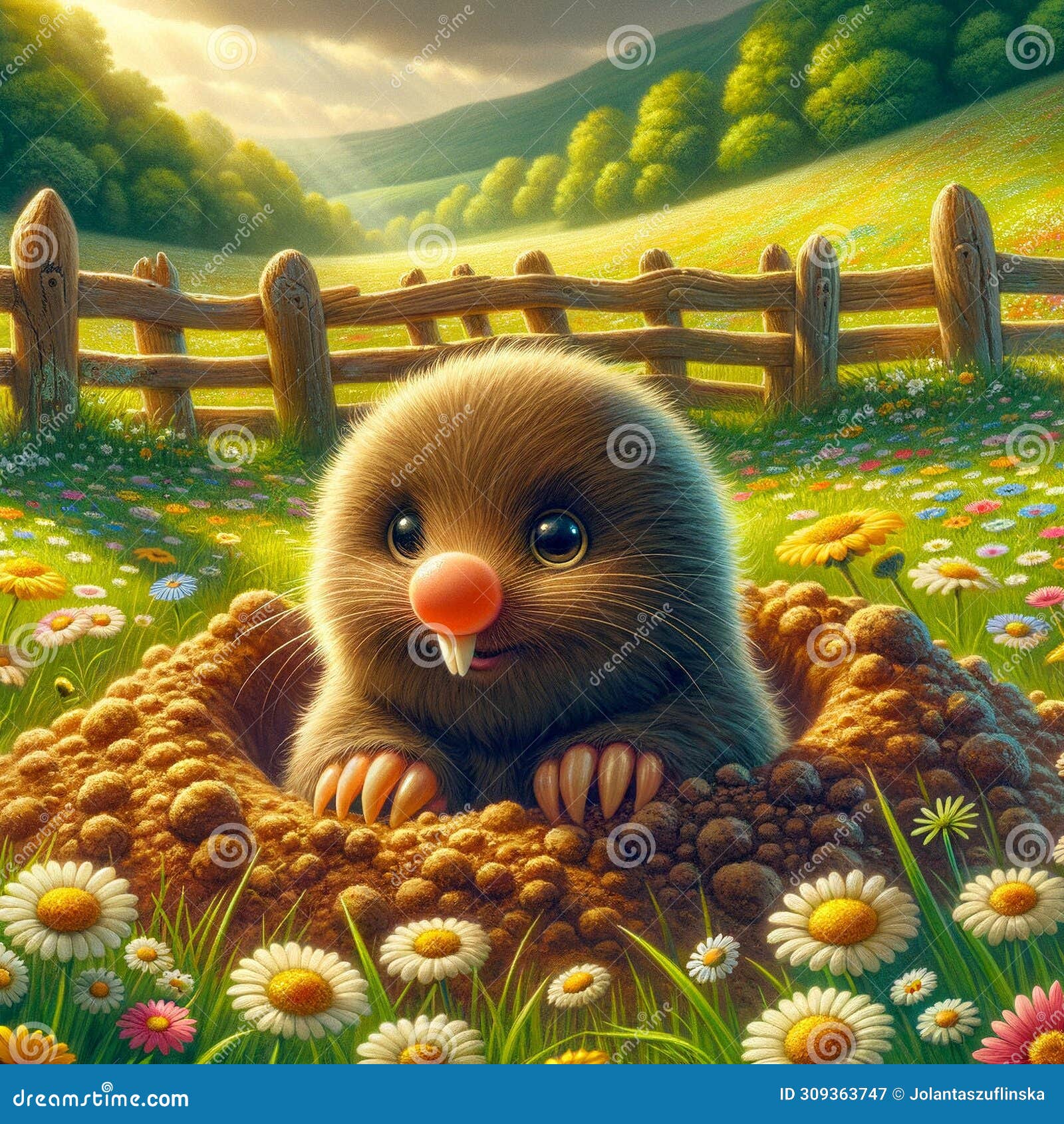 Curious Mole in Meadow, Whimsical Fluffy Molehill Scene Stock ...