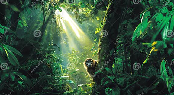 A Curious Monkey Peeks from Behind a Tree Surrounded by Lush Greenery ...