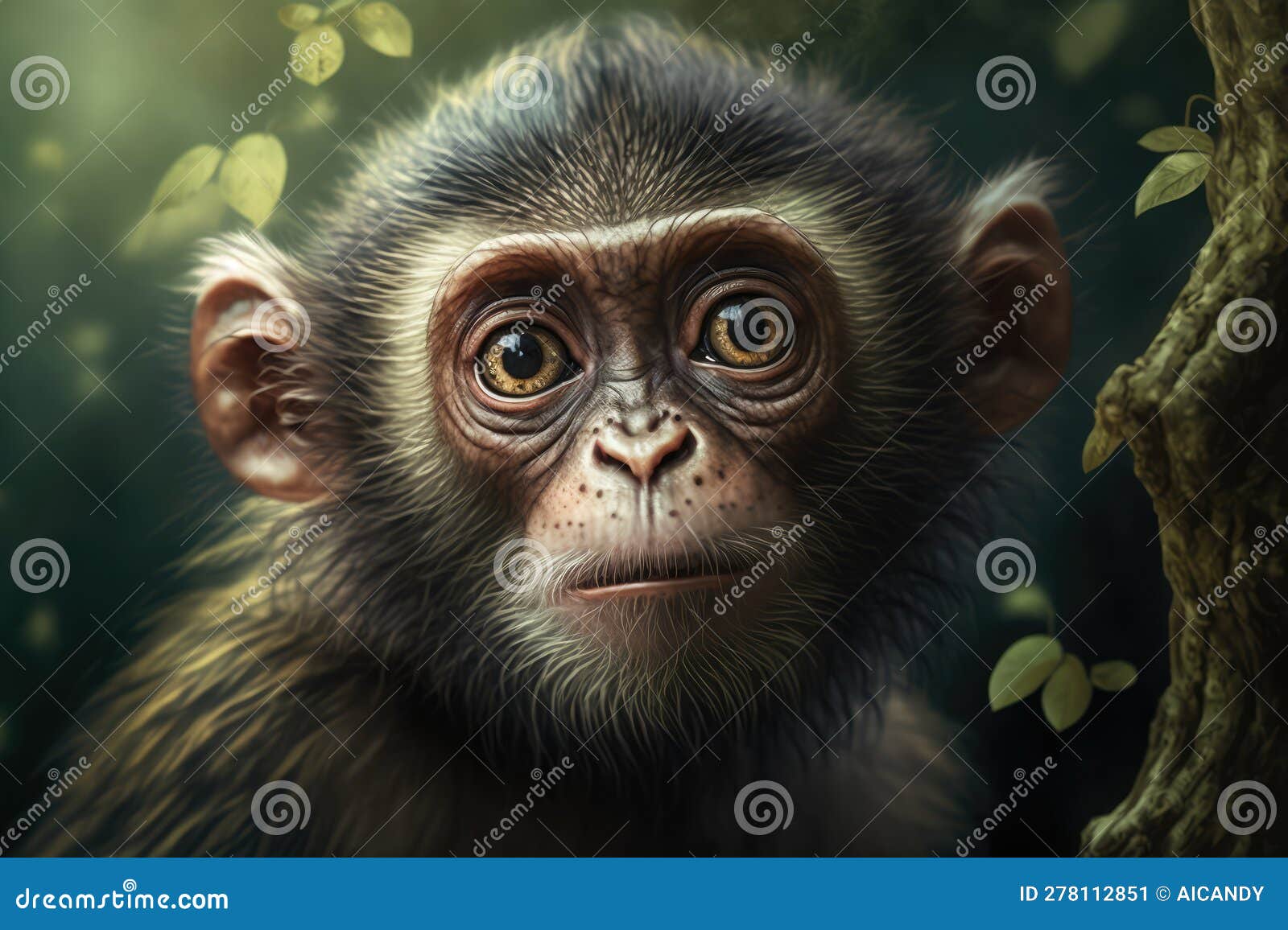 Curious Monkey Peering Over A Tree Branch With Its Big Brown Eyes And ...