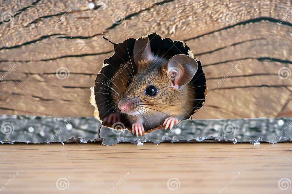 Curious Mouse Looking Out of a Hole in a Drywall Stock Image - Image of ...