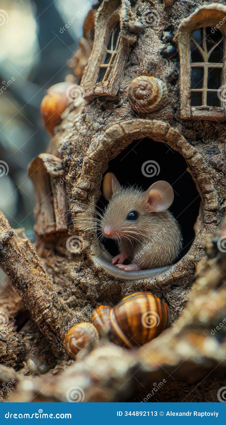 A Curious Mouse Peeking Out from Its Whimsical Treehouse among Shell ...