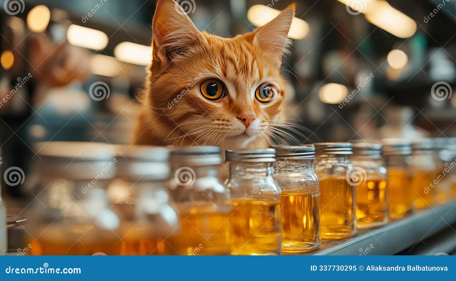 A Curious Orange Tabby Cat Peeks Over Rows of Laboratory Vials in a ...