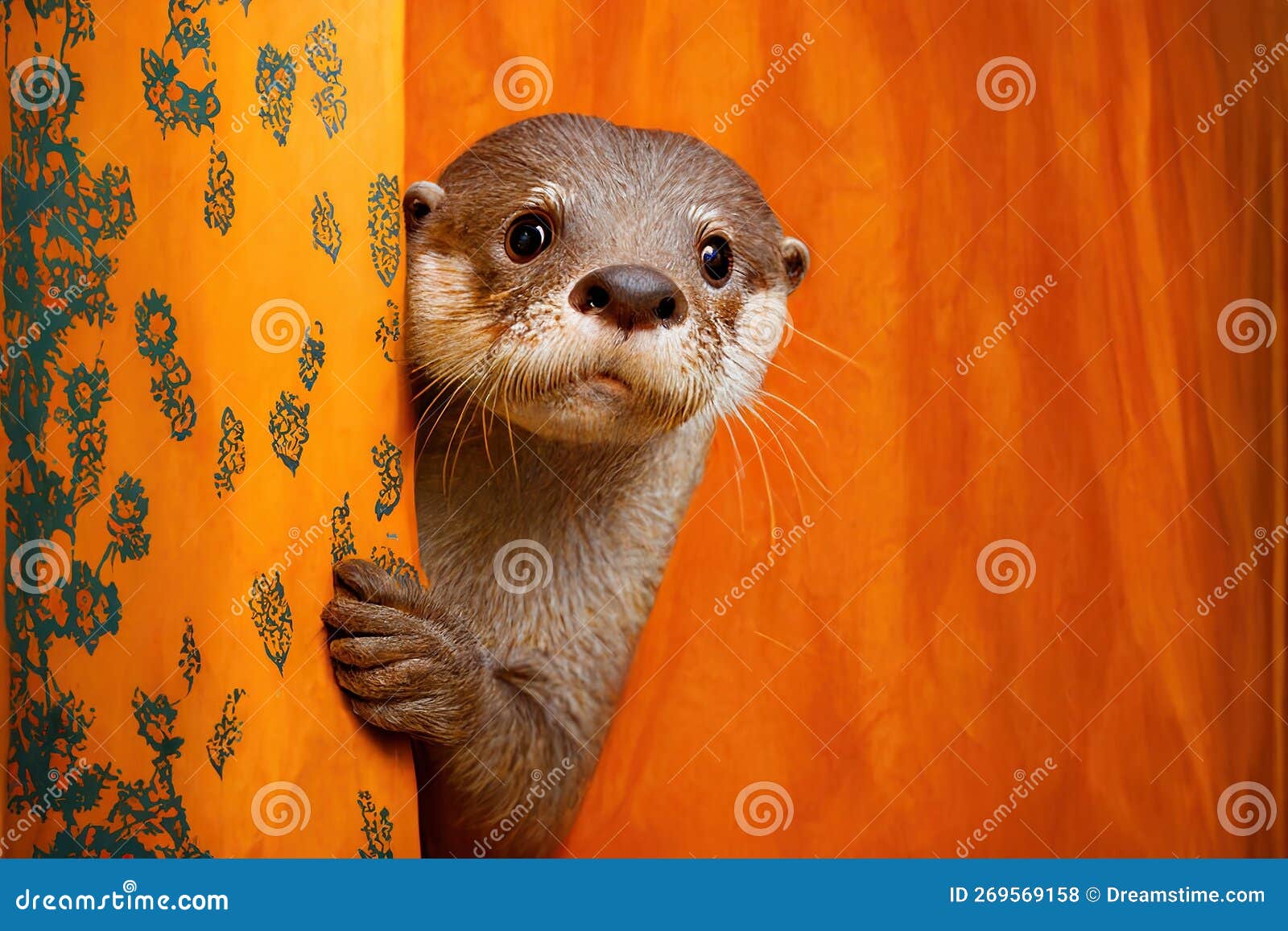 Curious Otter Cautiously Peeks Around a Corner Against a Colorful ...