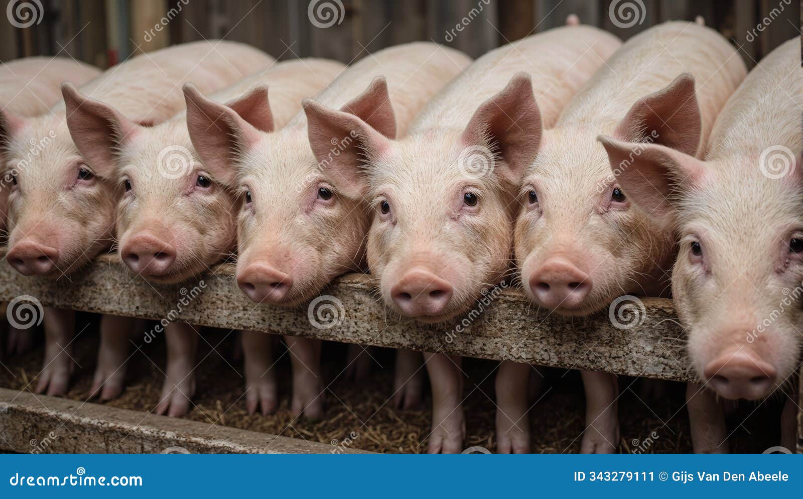 Curious Pigs Poking Snouts through Fence in Unison Stock Illustration ...