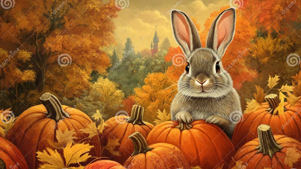 A Curious Rabbit in a Fall Pumpkin Patch Stock Illustration ...