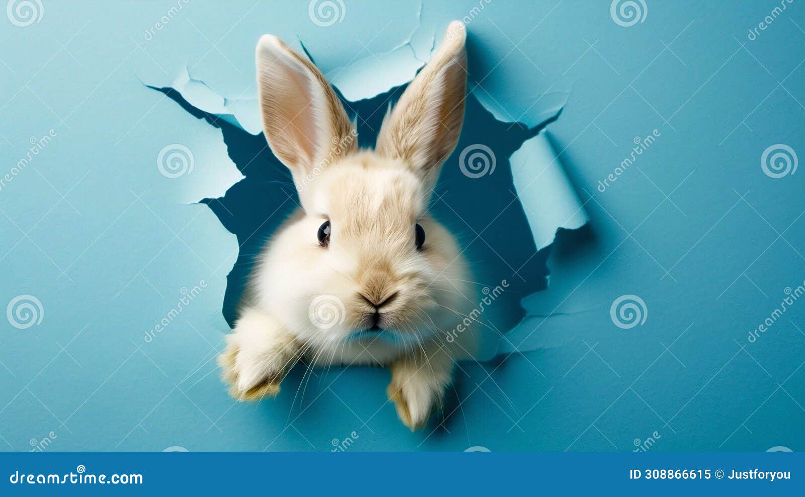 Curious Rabbit Peeking through a Torn Blue Paper Wall. Generative Ai ...