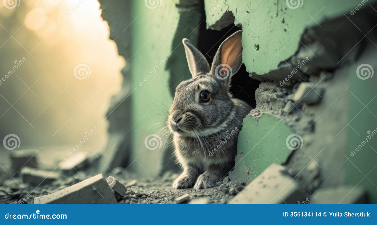 Curious Rabbit Peeks through a Torn Green Wall Discovering a New World ...