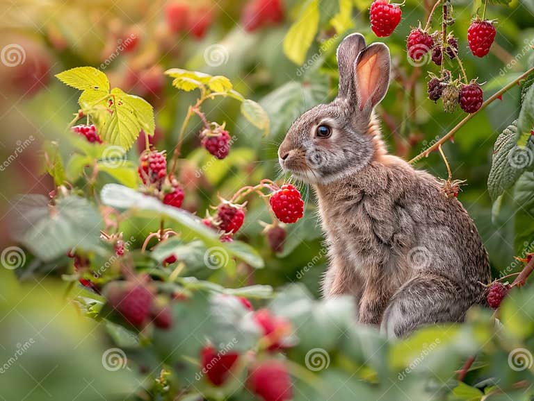 Curious Rabbit in Raspberry Bush Stock Illustration - Illustration of ...