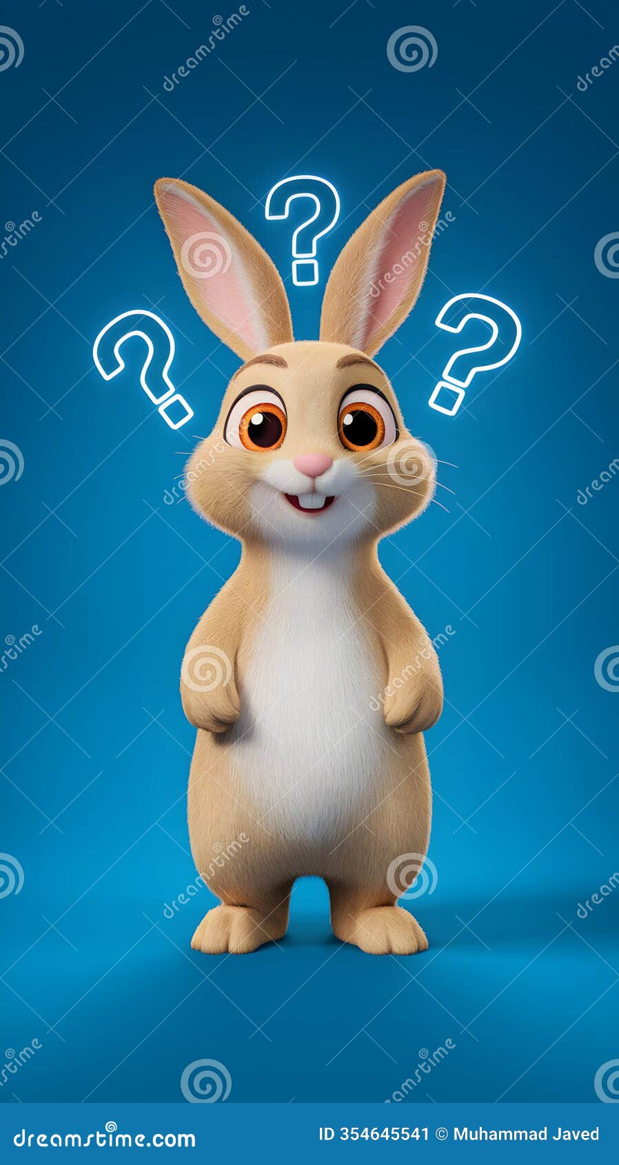 Curious Rabbit Upright on Blue Background with Question Marks Stock ...
