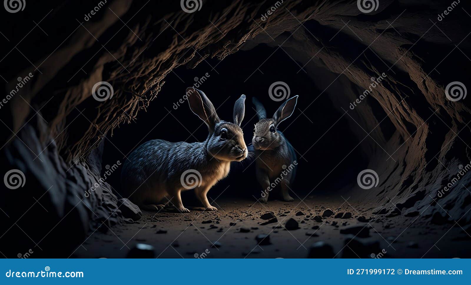 Curious rabbits in a cave stock photo. Image of light - 271999172