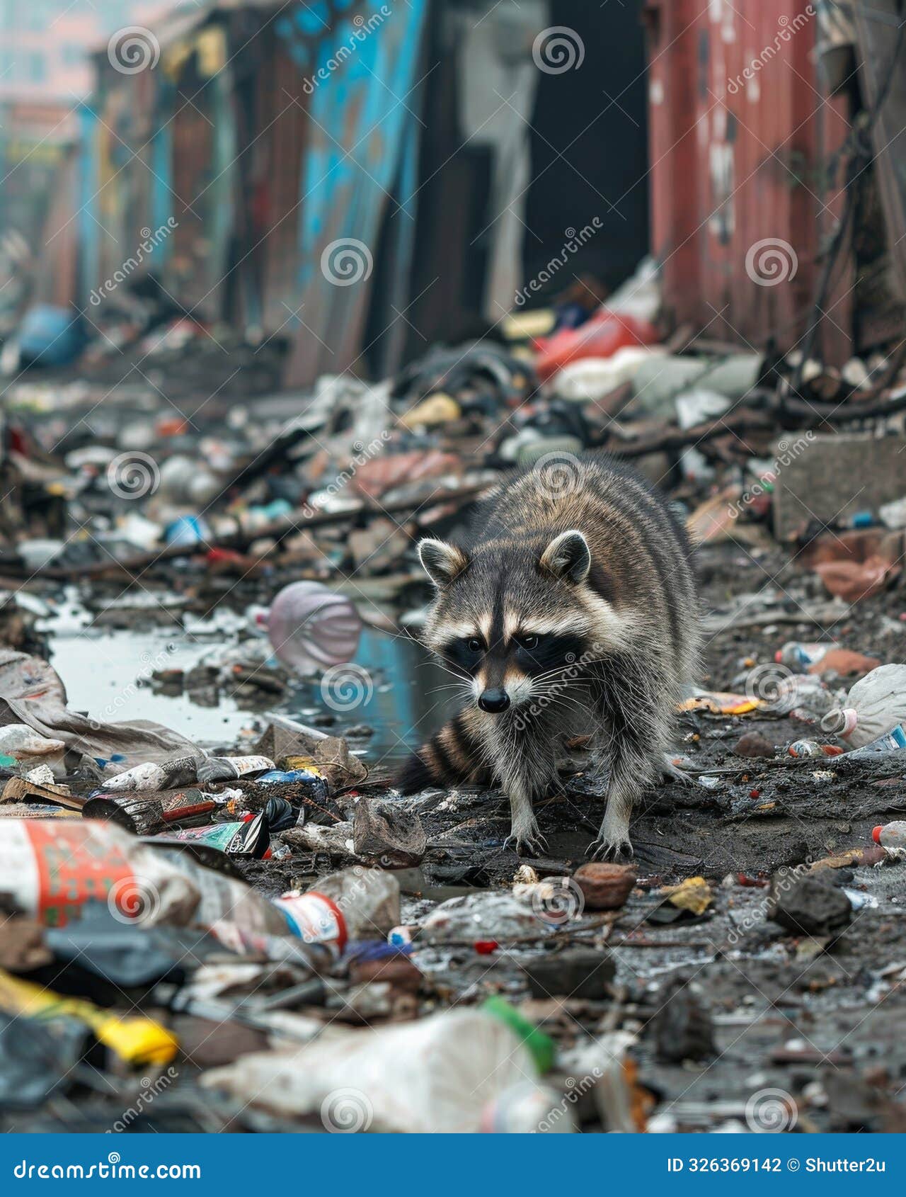 A Curious Raccoon Scavenging through a Polluted Garbage Dump Stock ...