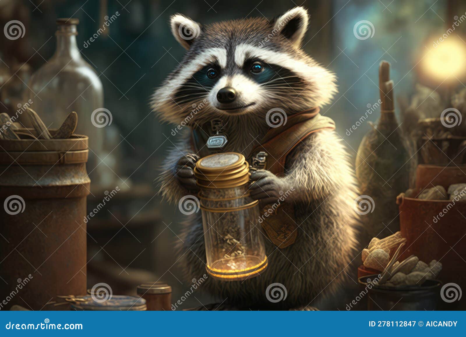 Curious Raccoon Standing on Its Hind Legs and Holding a Shiny Object in ...