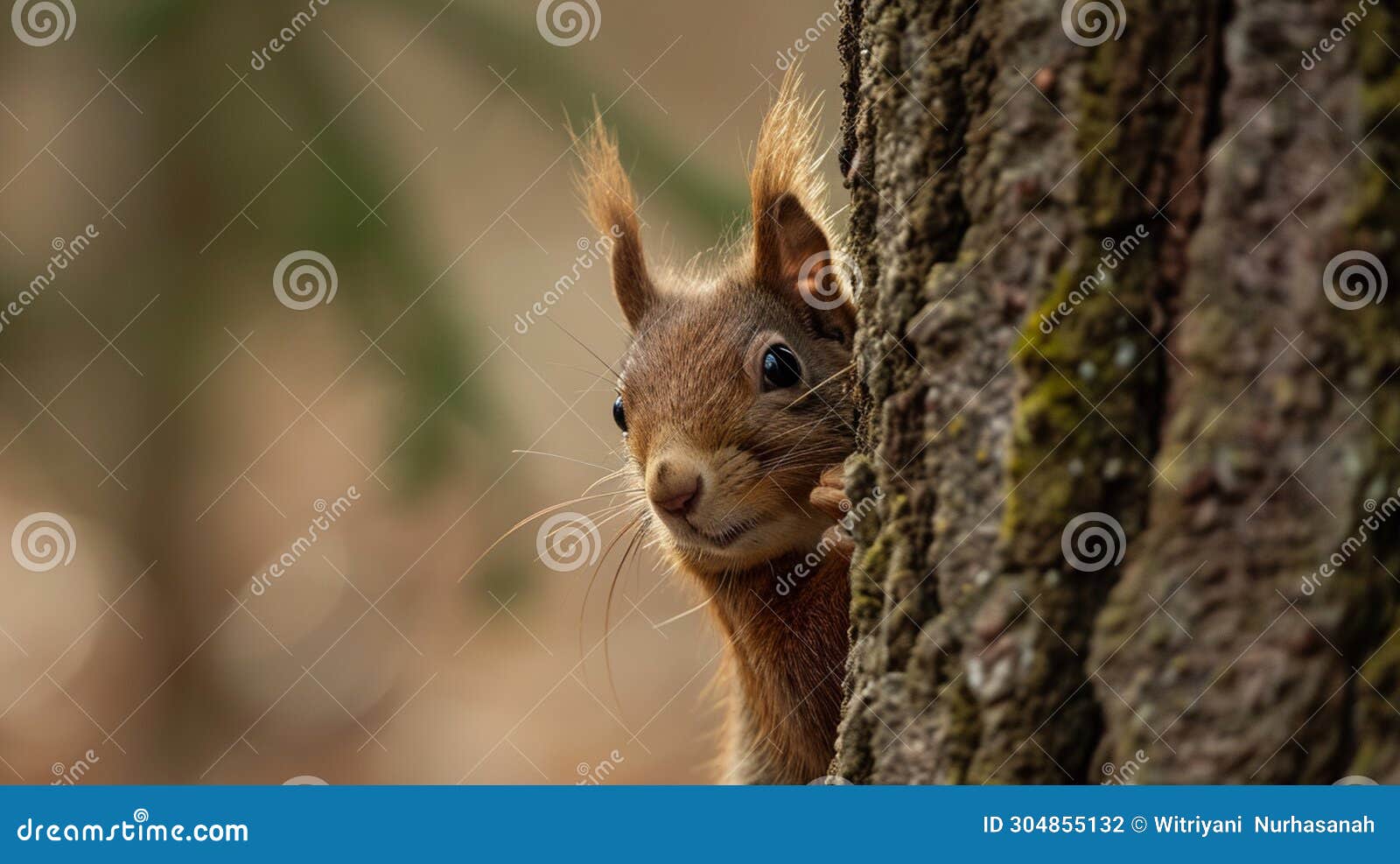 Curious Red Squirrel Peeking Behind the Tree Trunk. AI Generative Stock ...
