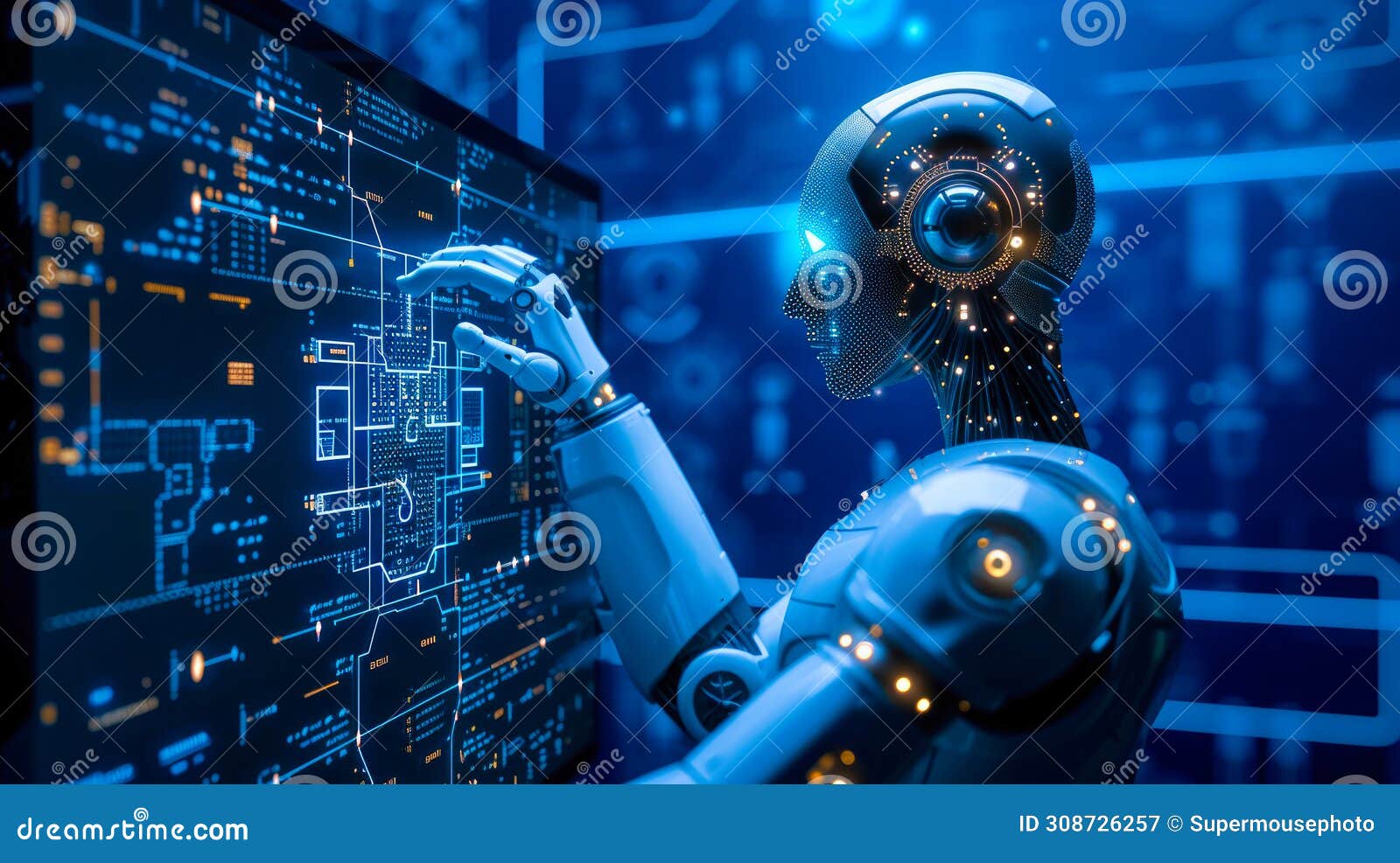 The Curious Robot Observing the Digital Realm Stock Illustration ...