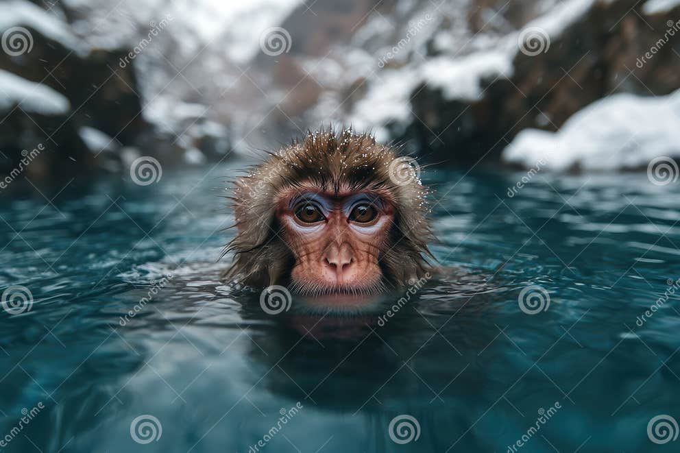 Curious Snow Monkey Relaxing in Hot Spring Stock Illustration ...
