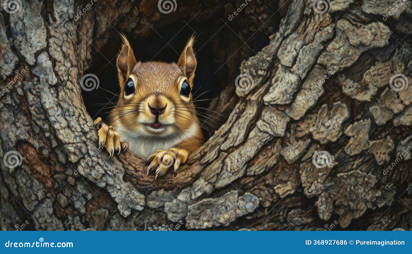 Curious Red Squirrel Peeking Behind The Tree Trunk. Cartoon Character ...