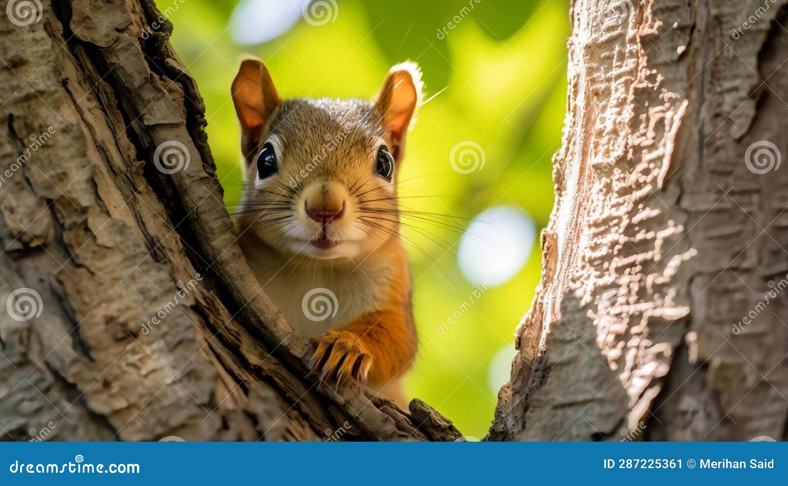 A Curious Squirrel Peering Out from Behind a Tree Trunk. AI Generative ...