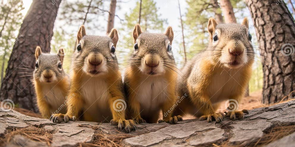 Curious Squirrels in the Forest Posing at Camera. a Group of Curious Squirrels with Close-up ...