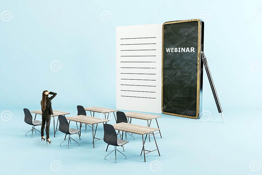 Curious Student Looking at Enormous Phone Displaying Webinar Text ...