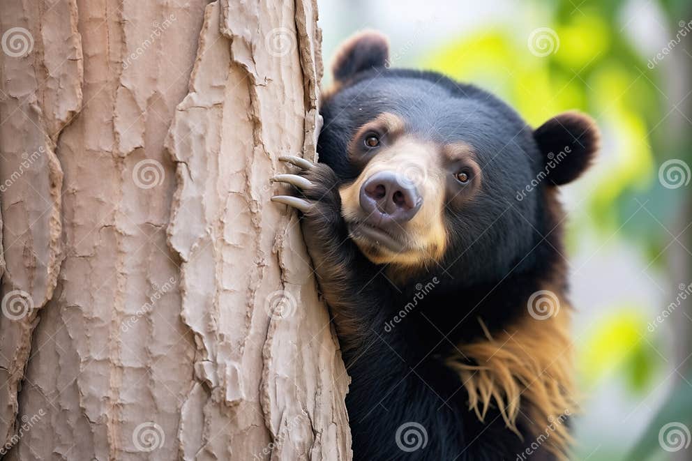 Curious Sun Bear Peeking Behind Tree Trunk Stock Image - Image of ...