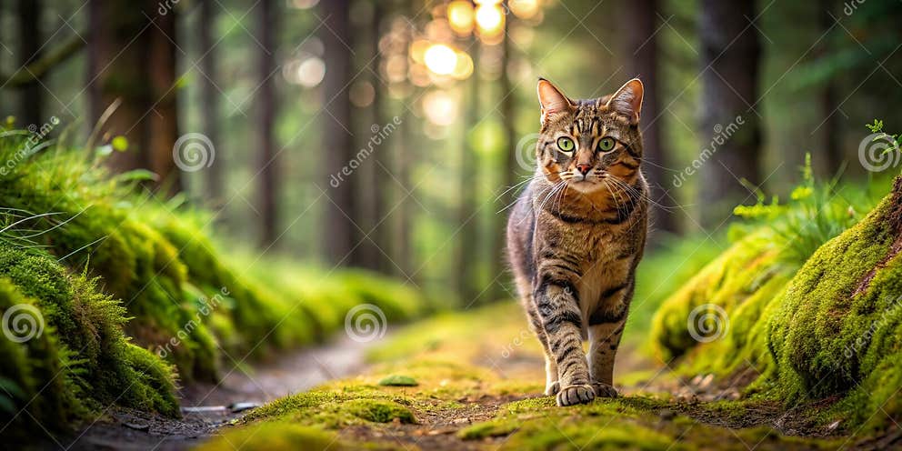 Curious Tabby Cat Exploring a Mossy Path in the Woods Creative AI Stock ...