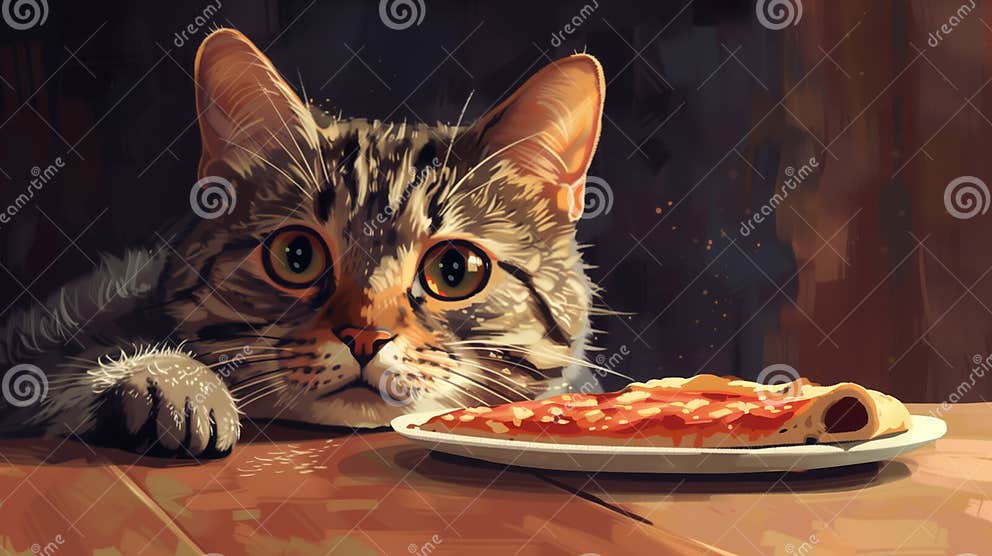 A Curious Tabby Cat Stares Longingly at a Plate of Pizza Stock ...